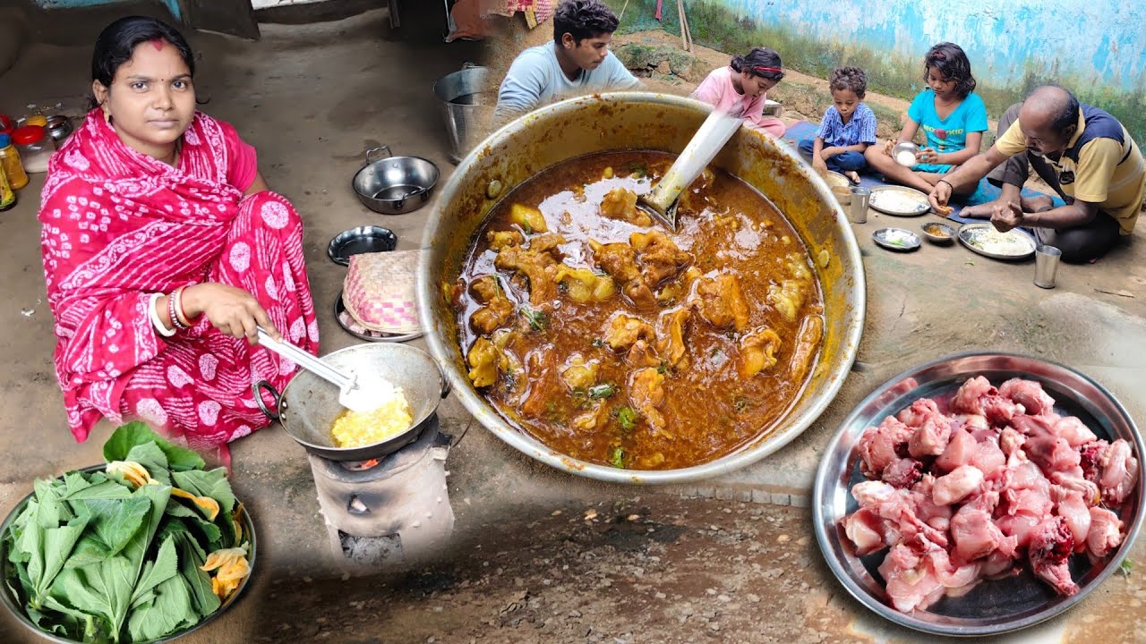 Chicken Curry Recipe with Pumpkin Leaves Cooking and Eating || Village ...