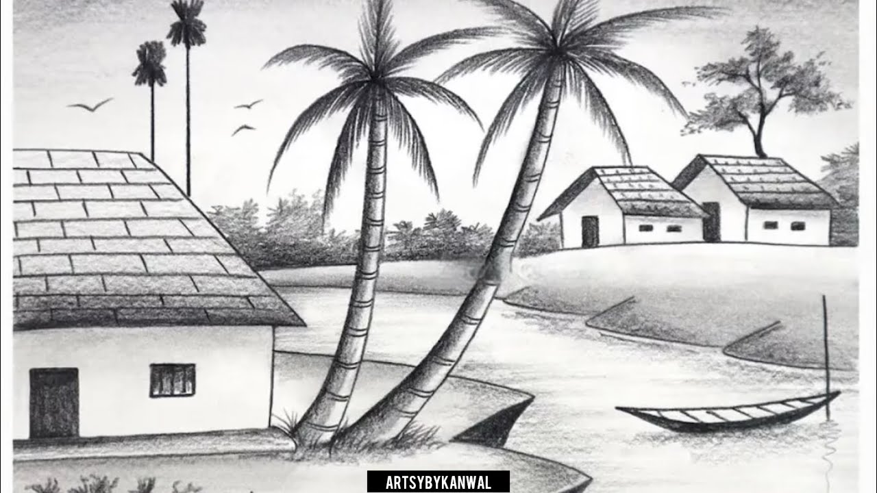 How to Draw a Simple Village Scene | Pencil Drawing Tutorial - YouTube
