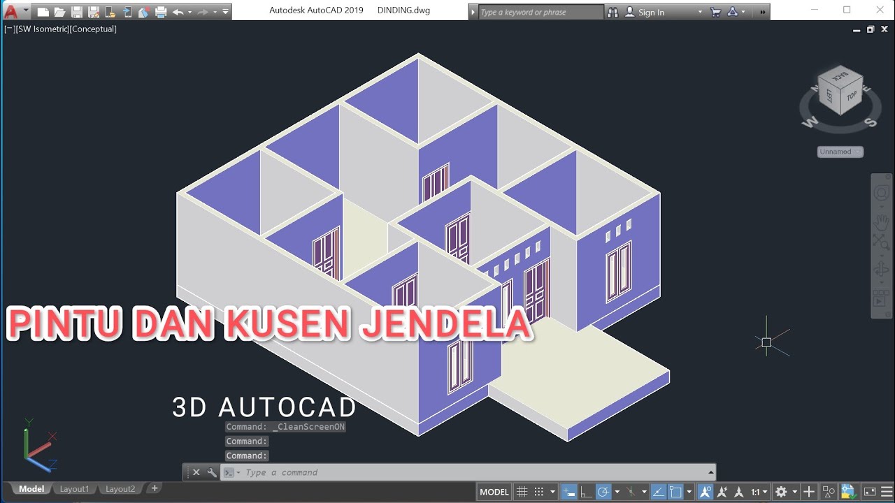 PINTU DAN JENDELA DI PASANG PADA DINDING AUTOCAD 3D - YouTube