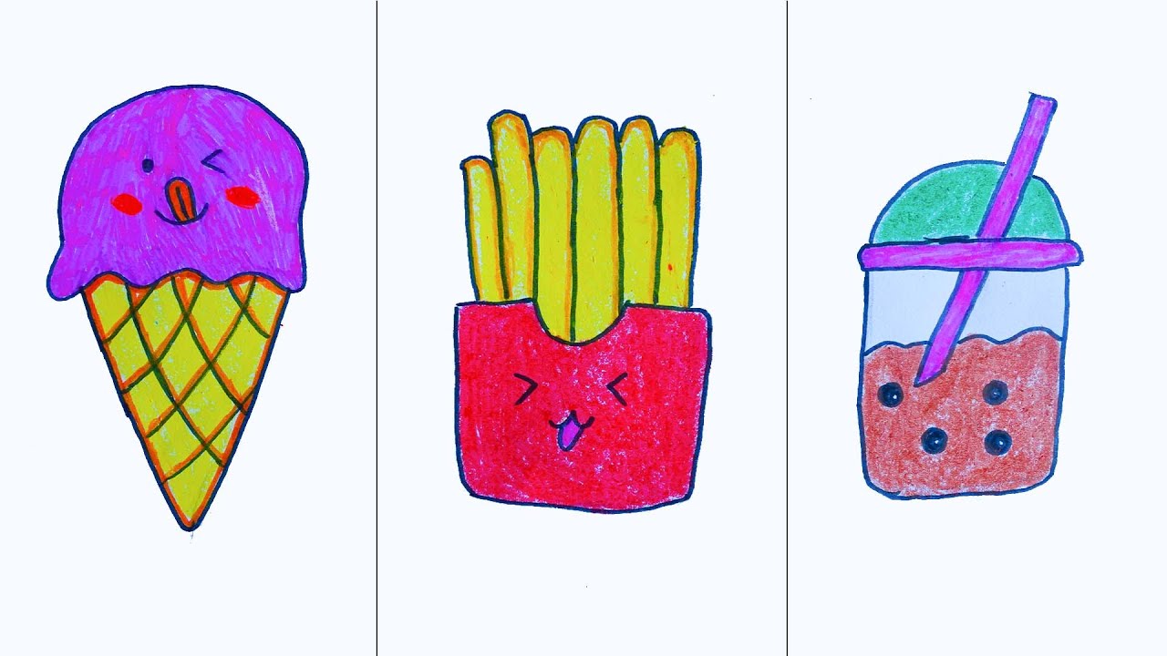 Cute drawings || How to Draw Cute Food items Ice cream, potato snack ...
