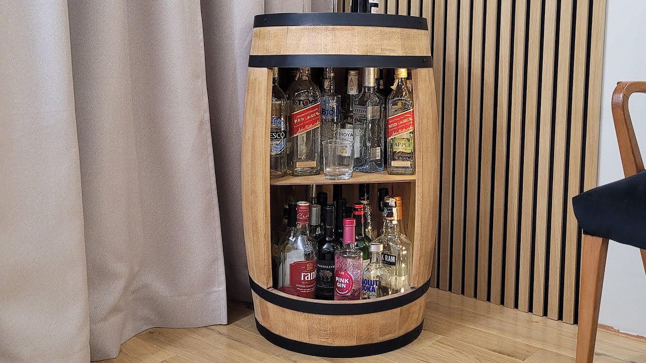 Wooden barrel home bar with LED lighting wine rack light oak color wine ...