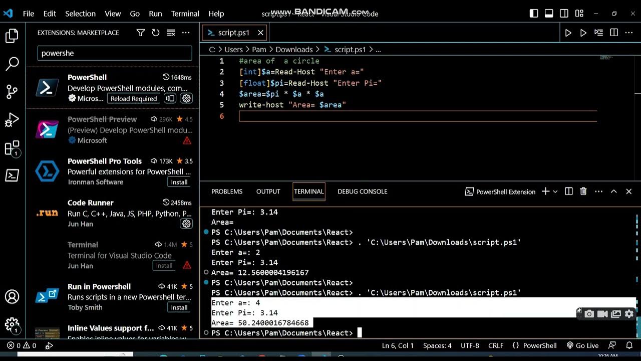Window Powershell Scripting to find out area of circle with user input - YouTube