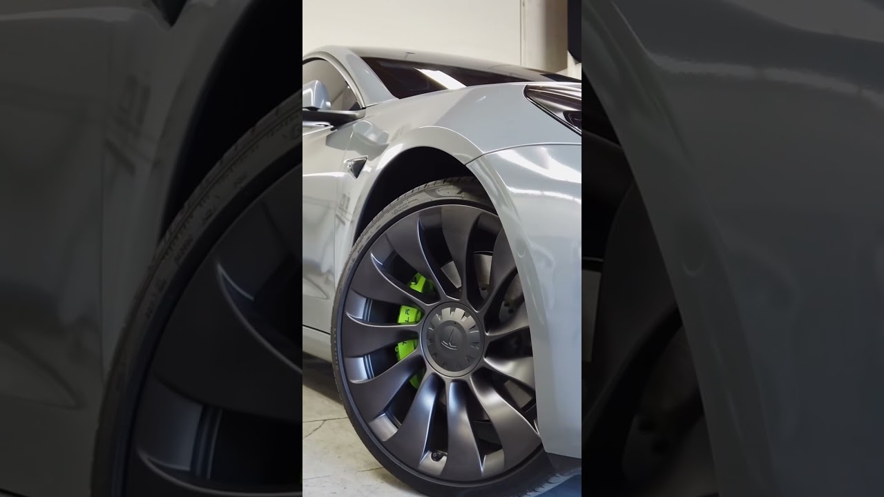 Tesla Model 3 Wrap Nardo Grey and Green Caliper Paint - YouTube