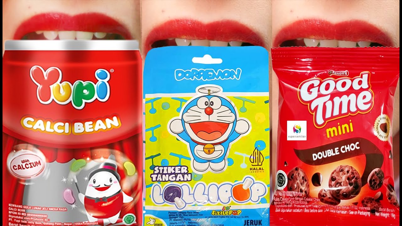 ASMR BLUE VS RED FOOD - MILKITA BITES, YUPI CALCI BEAN, DORAEMON ...