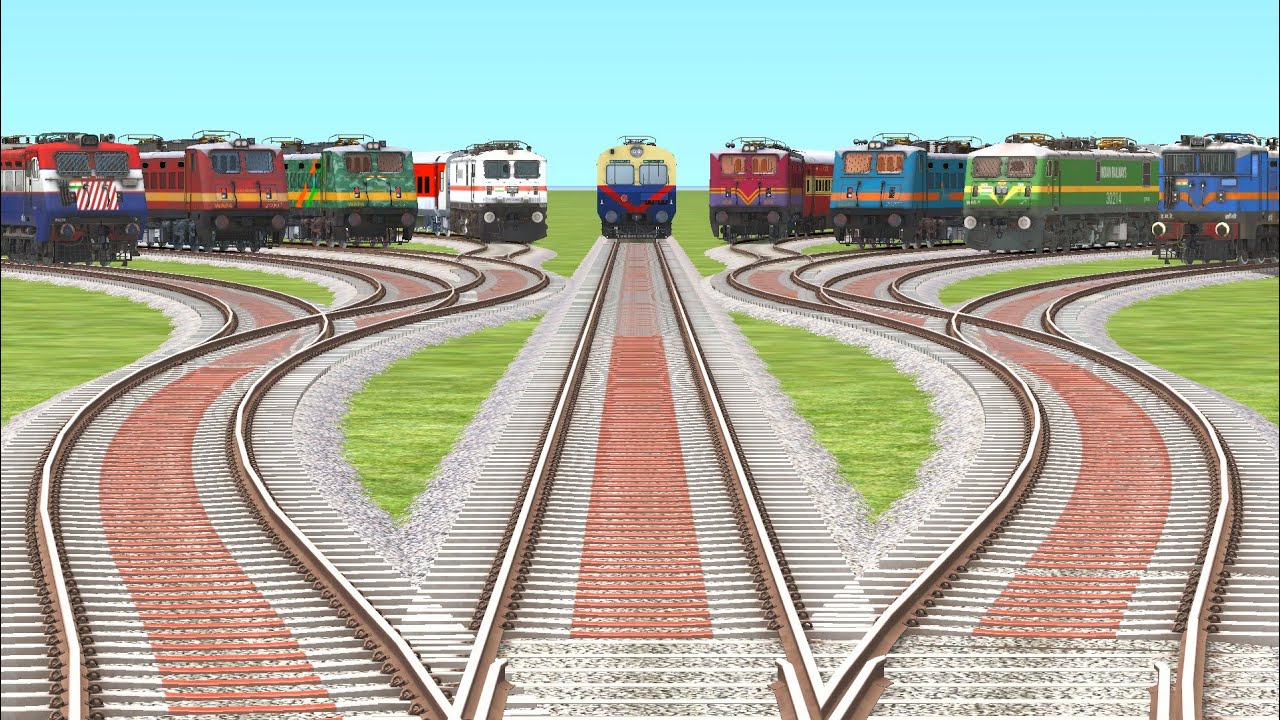 9 TRAIN CROSSING ON LIKE TWO BIG WINGS CURVED RAILROAD | Electric Train ...