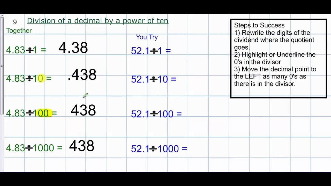 Division of a decimal by a power of ten - YouTube