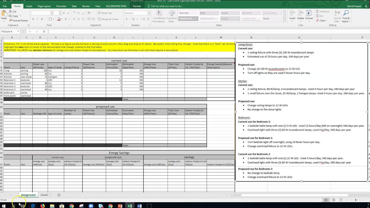 NRG 101 Lighting Audit Lab Tutorial Part 1 - Entering data and ...