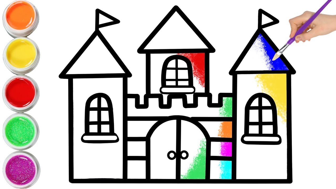 How to draw a picture of castle for kids and color rainbow - YouTube