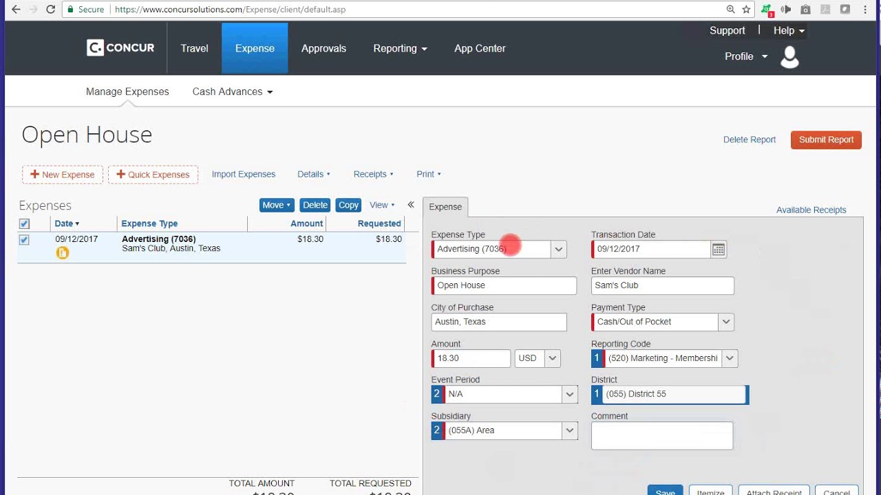 Concur Training 02 Creating an expense Report for an Open House - YouTube