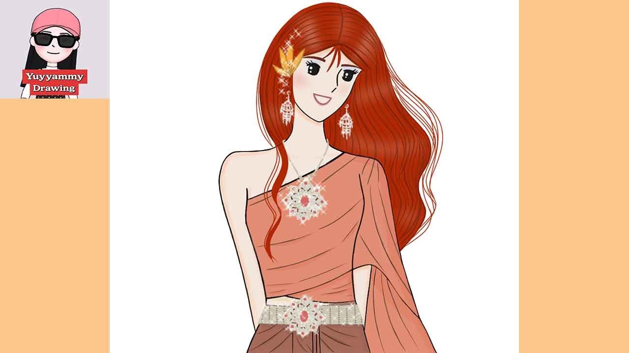 Drawing a girl with Thai dress (12) วาดรูปการ์ตูนผู้หญิงใส่ชุดไทย / Digital Art by ibispaint ...
