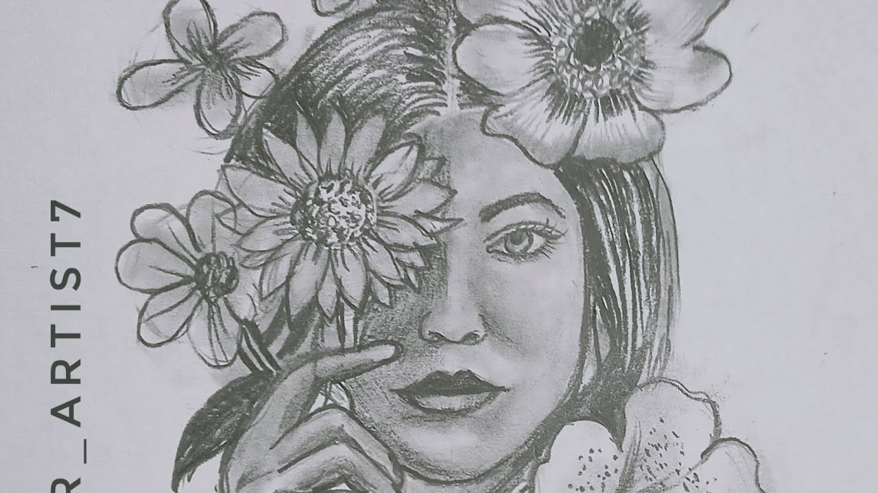 Girl face with flowers sketch for beginners ||time lapse tutorial video ...