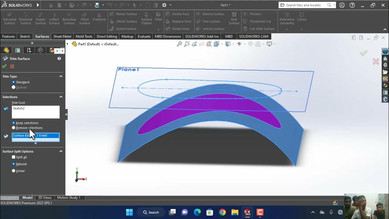 Solidworks_Surface_Tutorial_Extrude_Trim_planer_Ruled_surface - YouTube