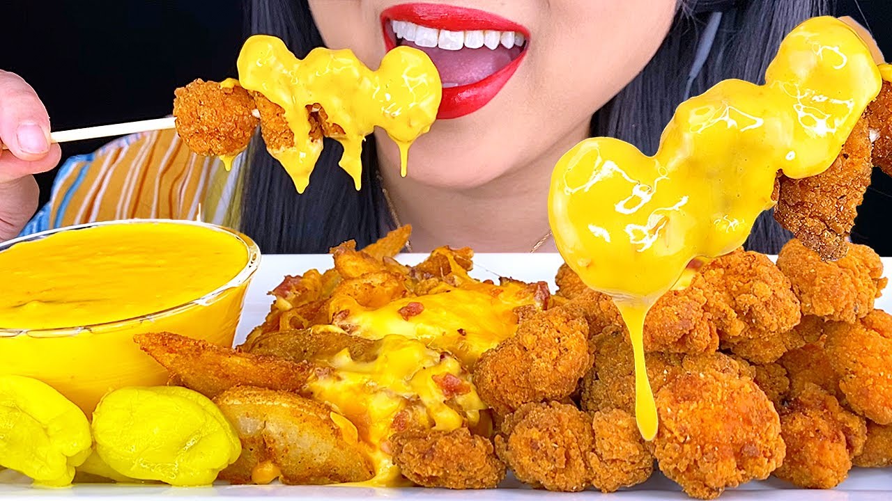 ASMR SPICY CHEESY FRIED POPCORN CHICKEN & CHEESY POTATO WEDGES EATING ...
