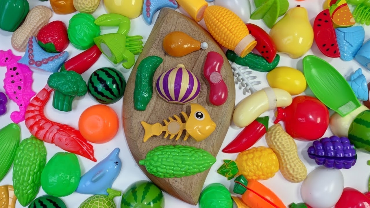 Colorful fruits, vegetables and various types of sea animals ...