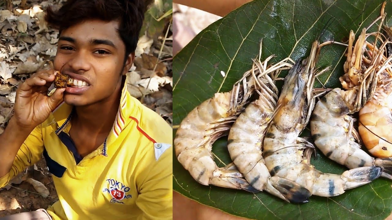 Survival Skills Primitive Life Prawns Cooking Recipe || Spicy And Testy ...