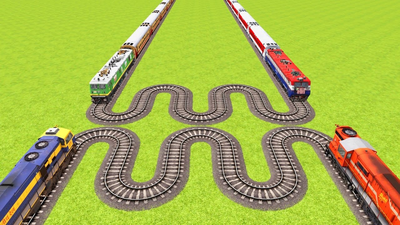 FOUR CRAZY TRAINS VS HARDLY SNAKE SHAPE TURNING RAILROAD CROSSING ️ ...