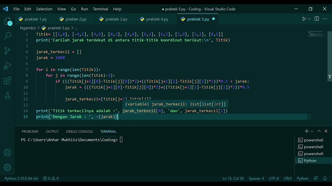 implementasi array / list 2 dimensi untuk menyimpan daftar titik ...