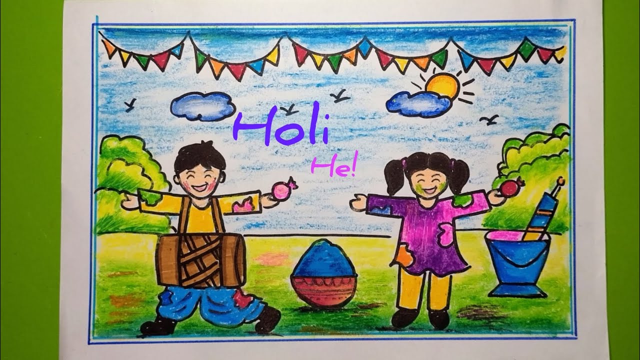 Holi Scenery Drawing Step By Step / Holi Festival Drawing For Beginners ...