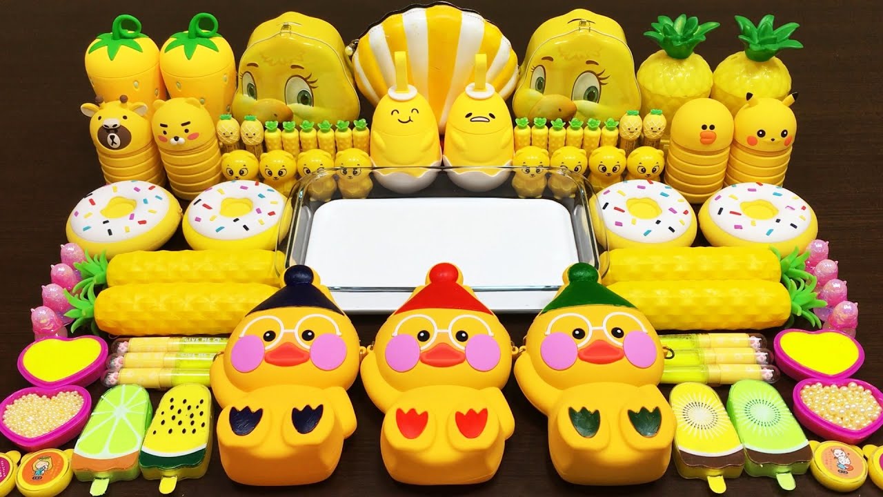 YELLOW Slime ! Mixing Random into GLOSSY Slime ! Satisfying Video #532 ...