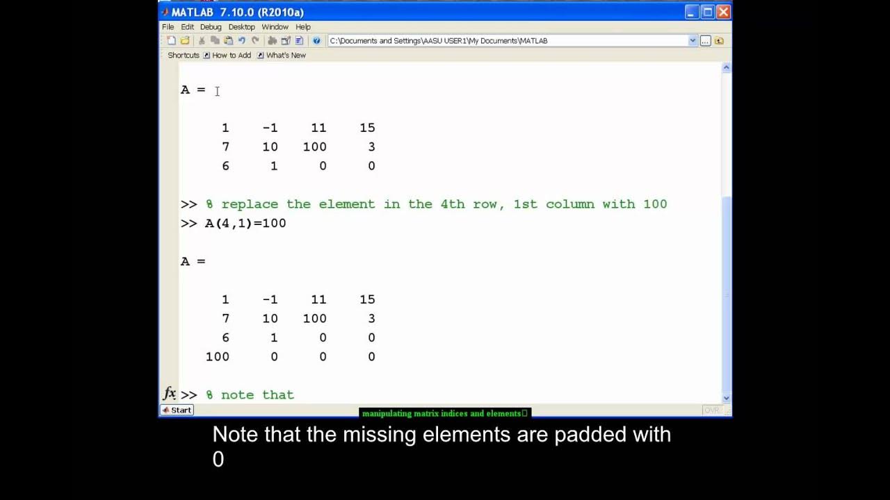 Matrices: indices and elements Part II in MATLAB - YouTube