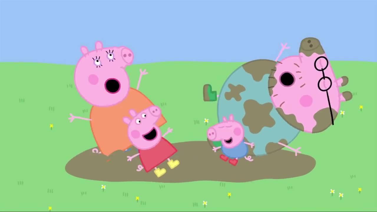 Peppa brincando com as poças de lama com seu irmão jorge e família pig ...