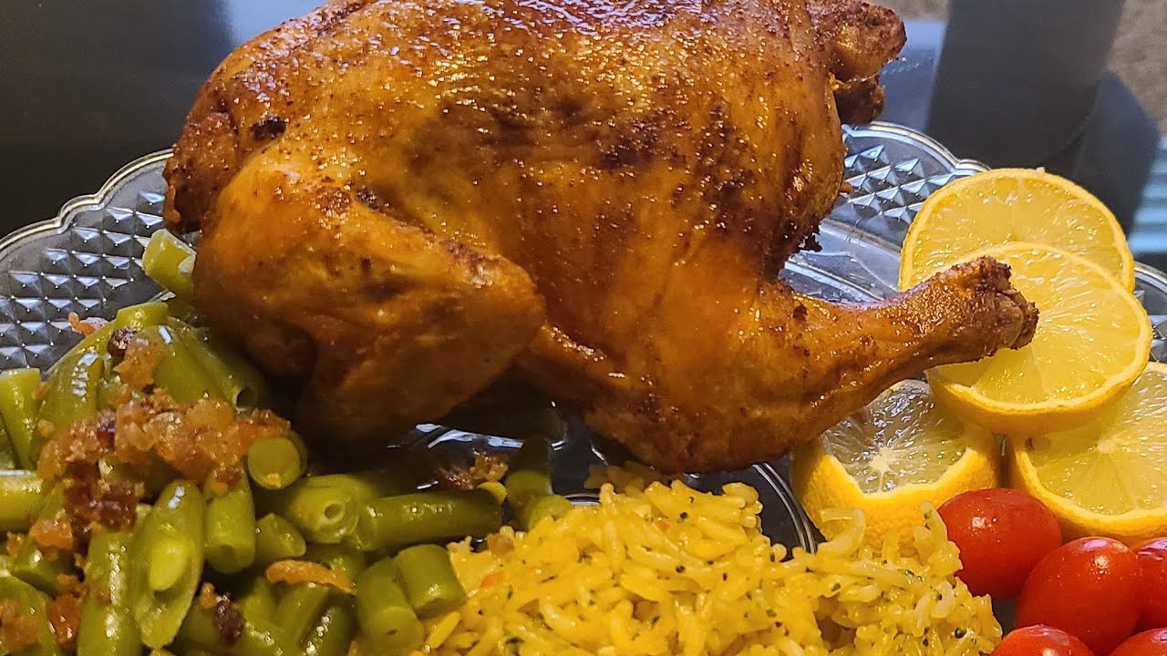 Cooking Deep Fried Mustard Cornish Hen, Seasoned Rice, Green Beans ...