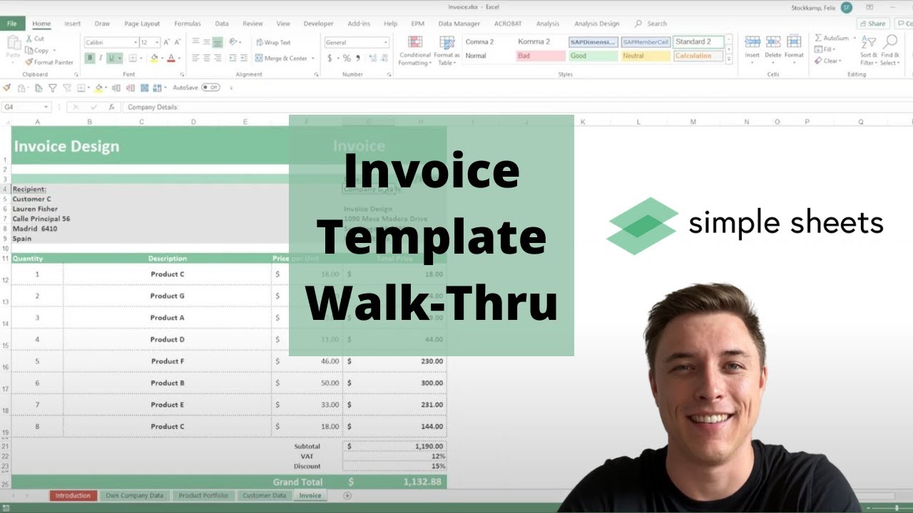 Invoice Excel Template Step-by-Step Video Tutorial by Simple Sheets ...