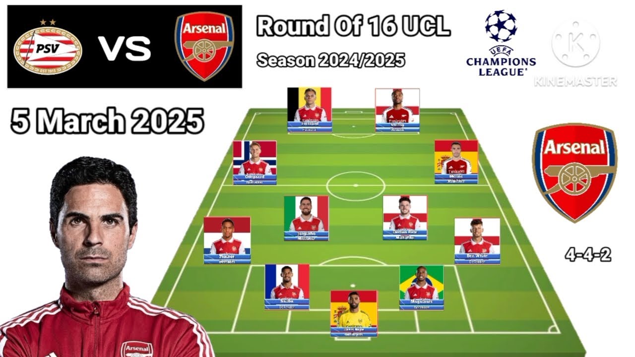 PSV vs Arsenal Line Up 4-4-2 With Ben White Round Of 16 UEFA Champions ...