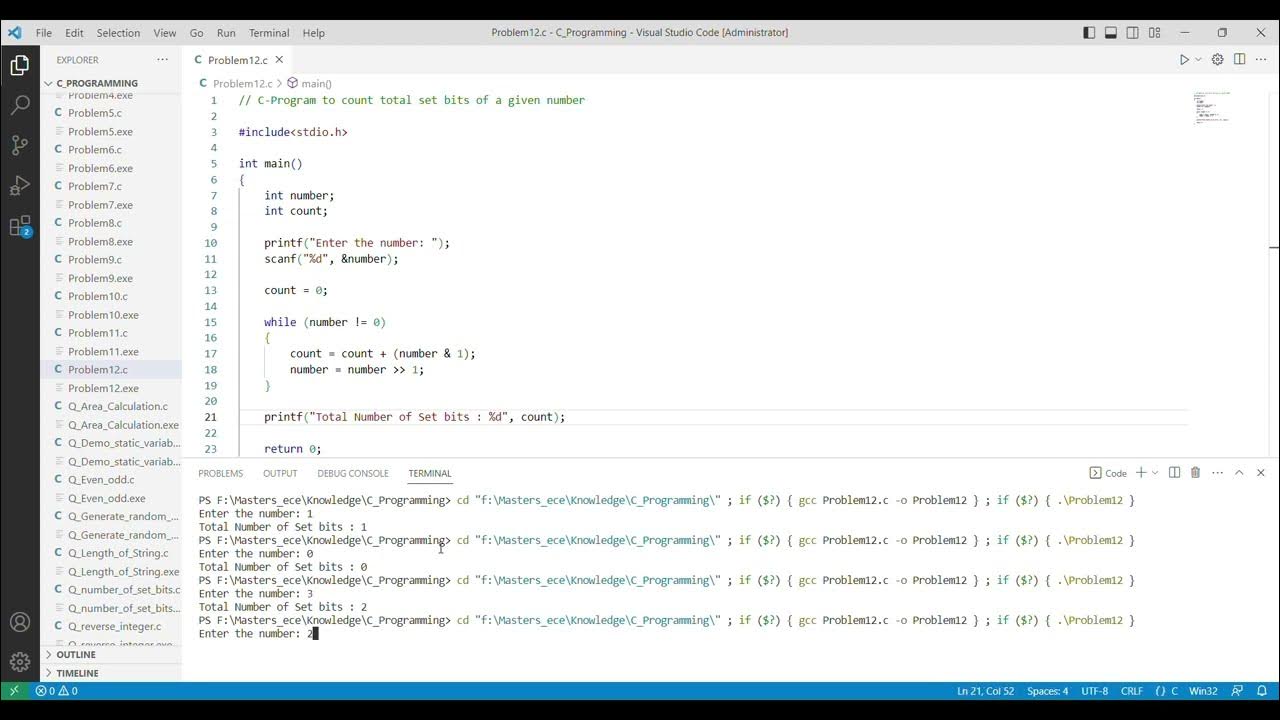 C-Program to count set bits of a given number | C-Programming | #cprogrammingquestions - YouTube