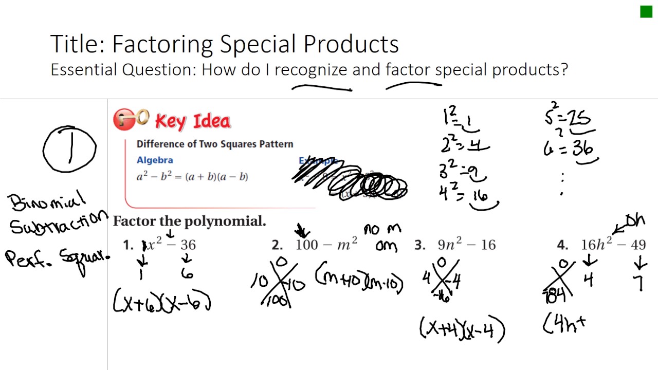 Alg 1 7 9 lesson- Factoring Special Polynomials - YouTube