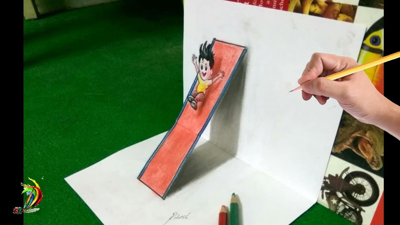 3d trick art | How to draw 3d slide on folded paper - Step by step ...