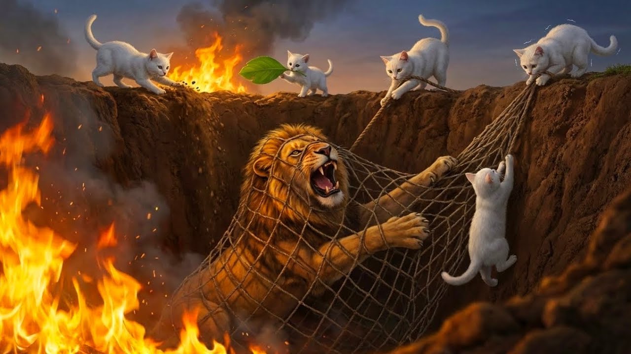 Brave White Cats Rescue a Lion Trapped in Flames 🔥🐱🦁 | Heart-Stopping ...