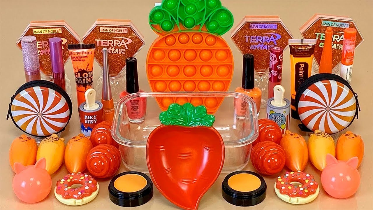 Orange SLIME | Mixing Makeup, Glitter and Beads into Clear Slime. ASMR ...