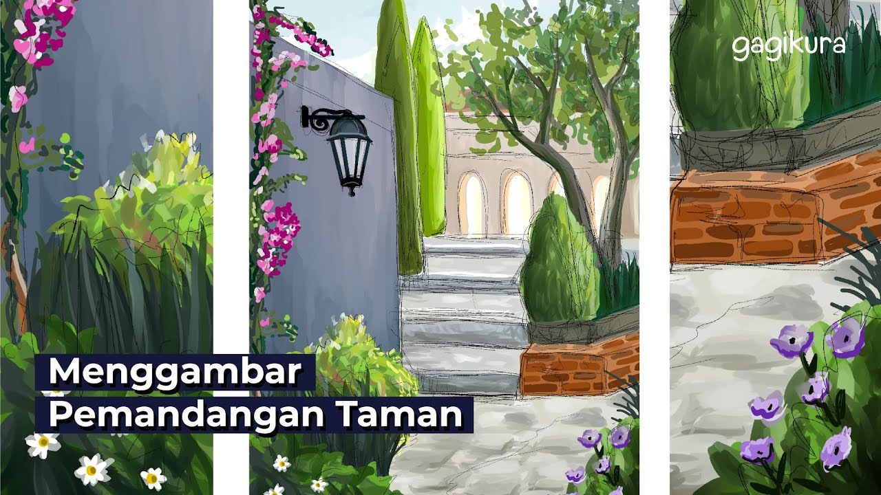 Menggambar Pemandangan Taman | Garden Landscape Digital Illustration ...