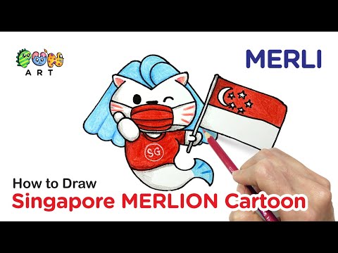 How To Draw MERLION | MERLI | WEAR MASK | HOLDING SINGAPORE FLAG ...