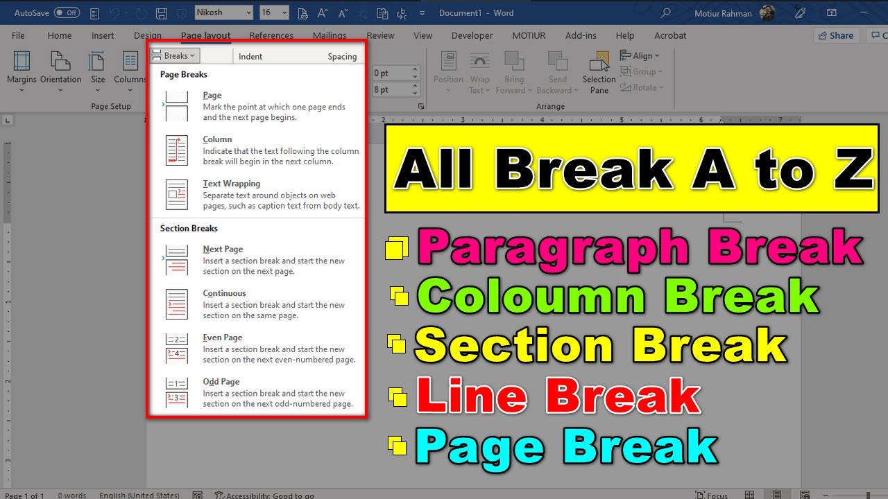 Line, Paragraph, Page, Coloum, Section Break - YouTube