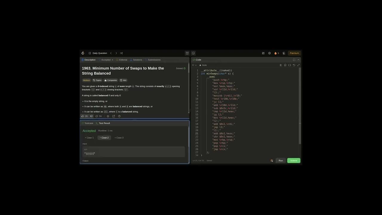 solving leetcode in assembly - 1963. Minimum Number of Swaps to Make the String Balanced - YouTube