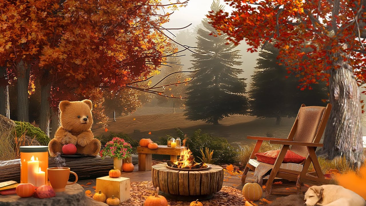 Cozy Autumn Campfire with Teddy Bear | Relaxing Fall Ambience in the ...