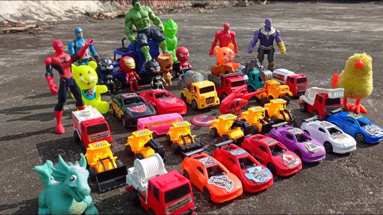 menemukan hulk tergantung, mobil balap, hot ride, mobil beko, spiderman ...