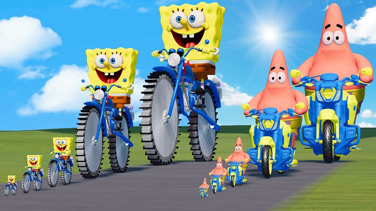 Big & Small: SpongeBob on a motorcycle with Saw wheels vs Patrick on a ...