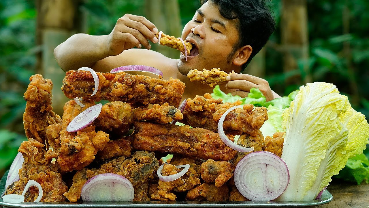 Wilderness Cooking Skill | Deep Fry Pork Ribs Crispy | ASMR Eating Pork ...