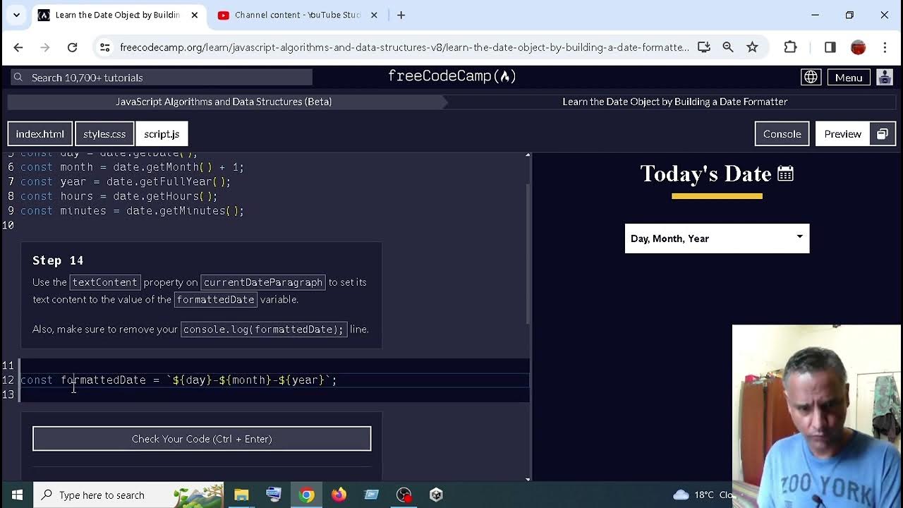 Learn the Date Object by Building a Date Formatter step 14. freecodecamp 2024. - YouTube