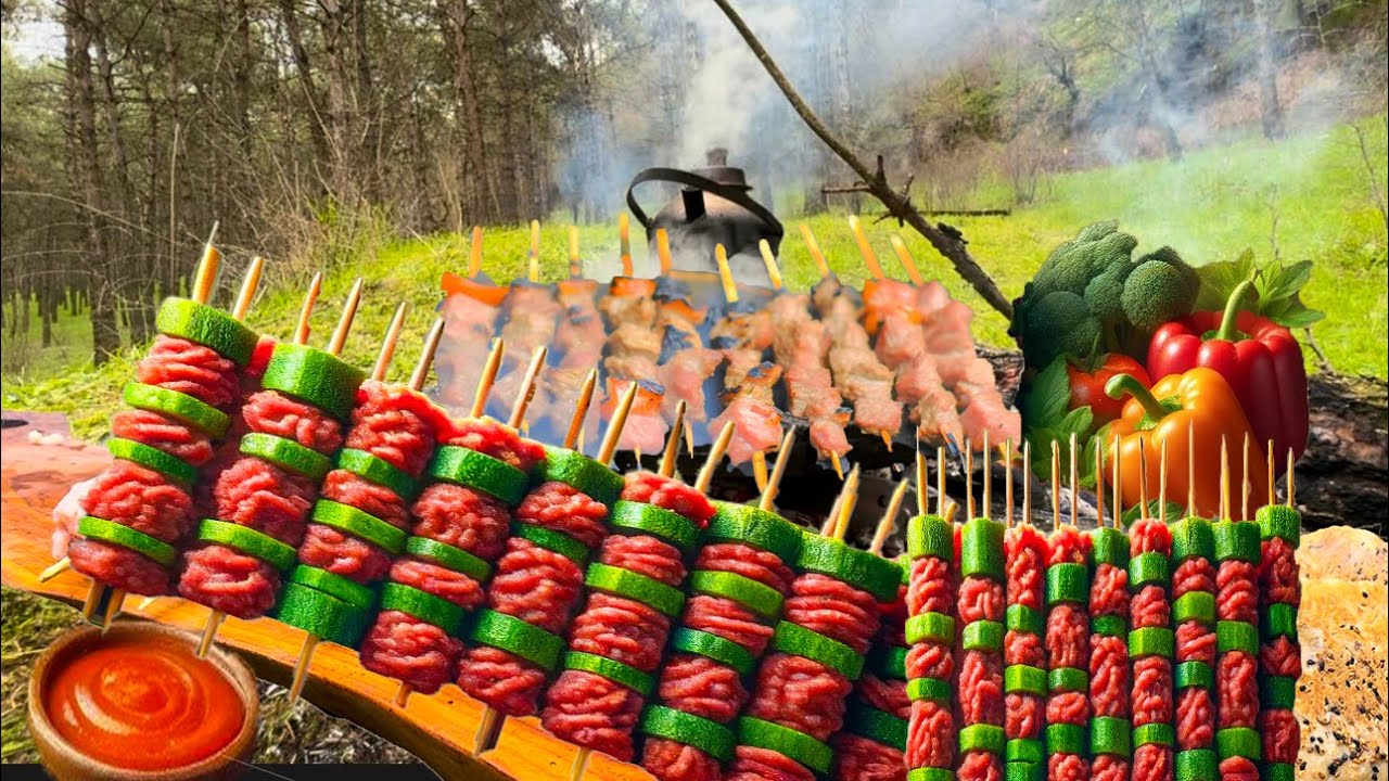 "Ultimate Forest Feast: Grilling Meat Kebabs on Tree Branch Skewers ...