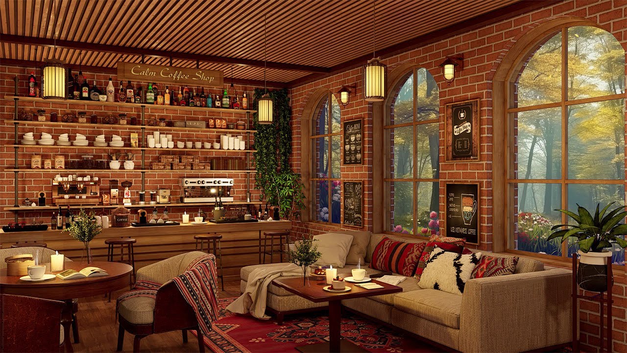 4K Spring Coffee Shop Ambience | Soft Jazz Instrumental Music to Relax ...