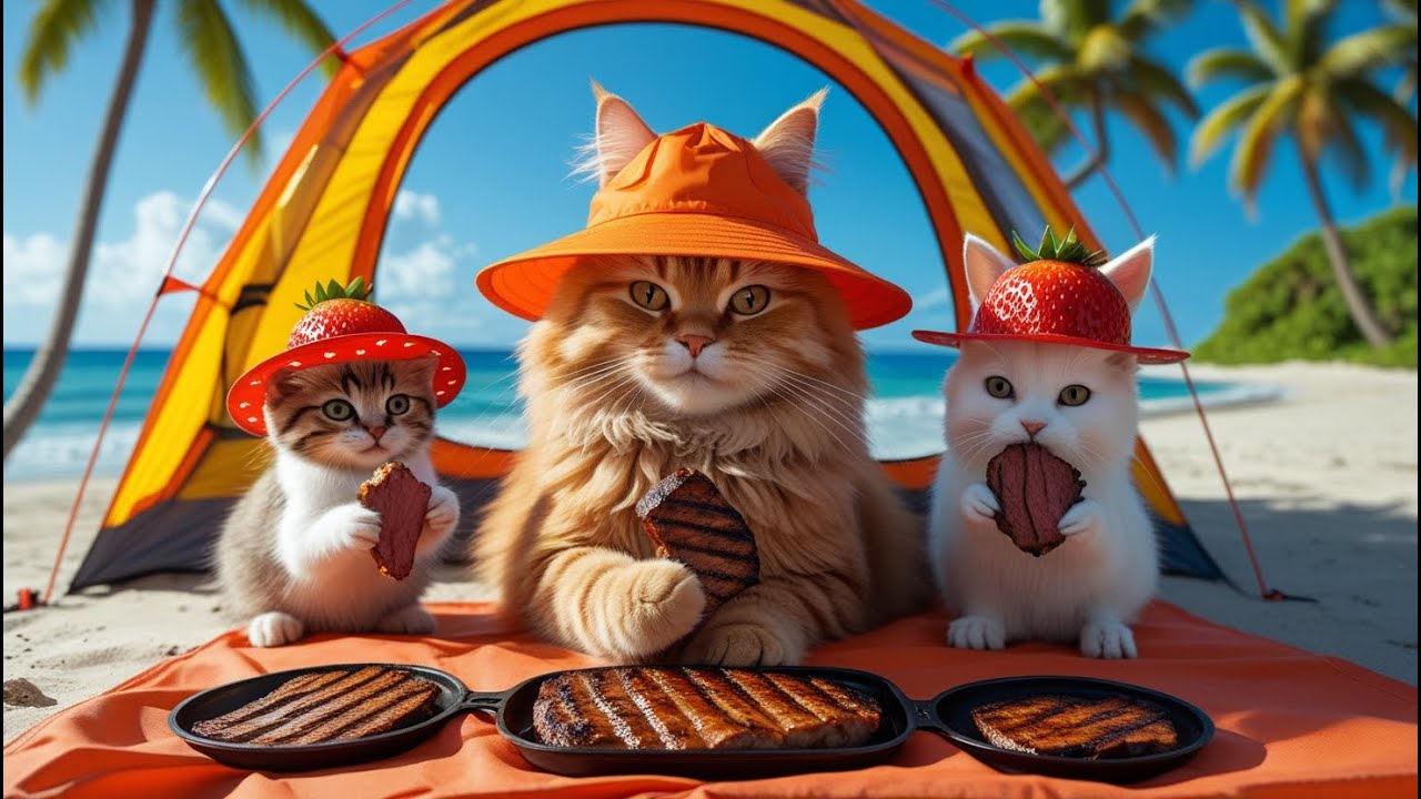 Mama Cat's Beach Camping Adventure with Kittens & a Rabbit! 🐾⛺🐇 ...