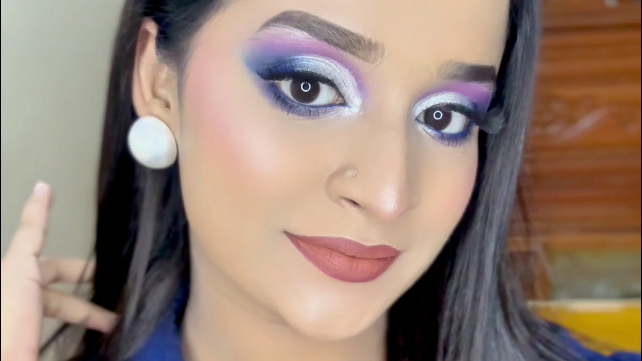 Full Glam Makeup tutorial💙💜 | Cut crease | Blue eyelook | Purple eye ...