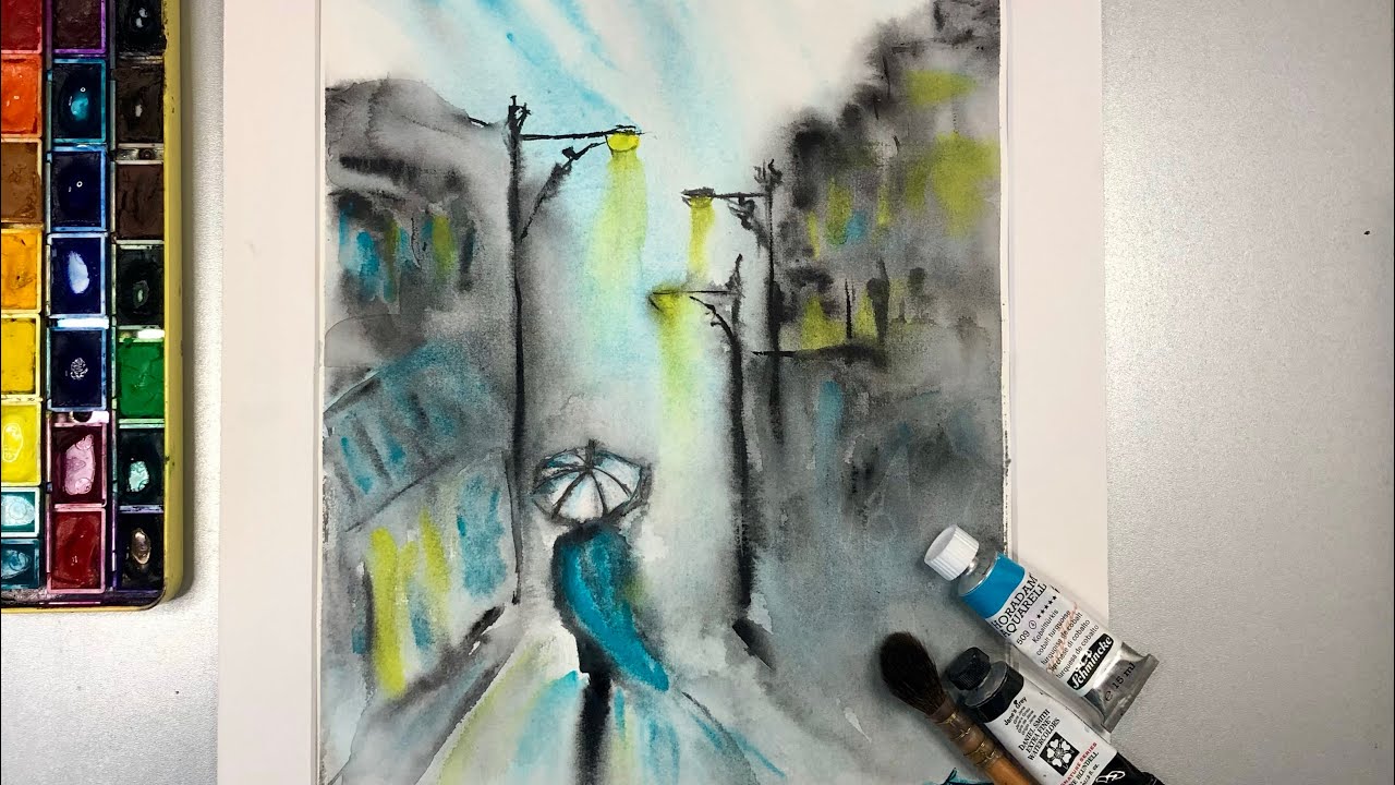 Aquarell EINFACH malen lernen Stadt Landschaft Regen Nebel Frau mit ...