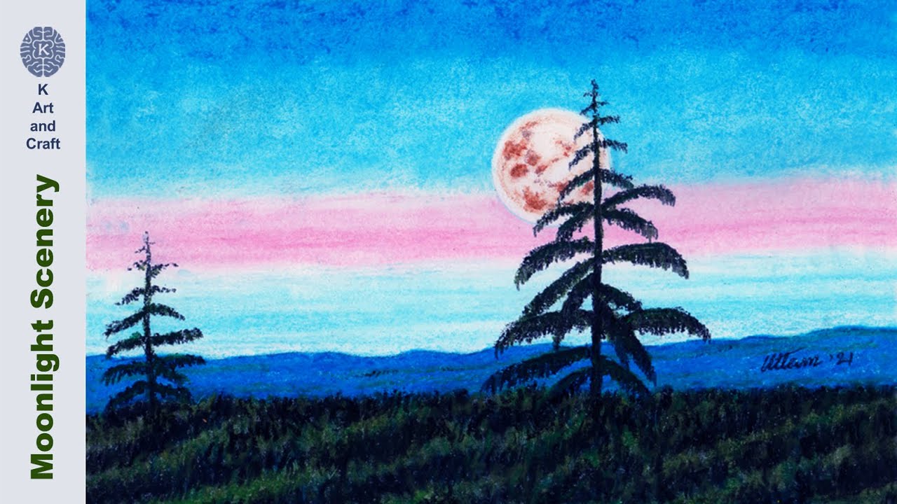 How to draw full moon scenery for beginners | moonlight landscape ...