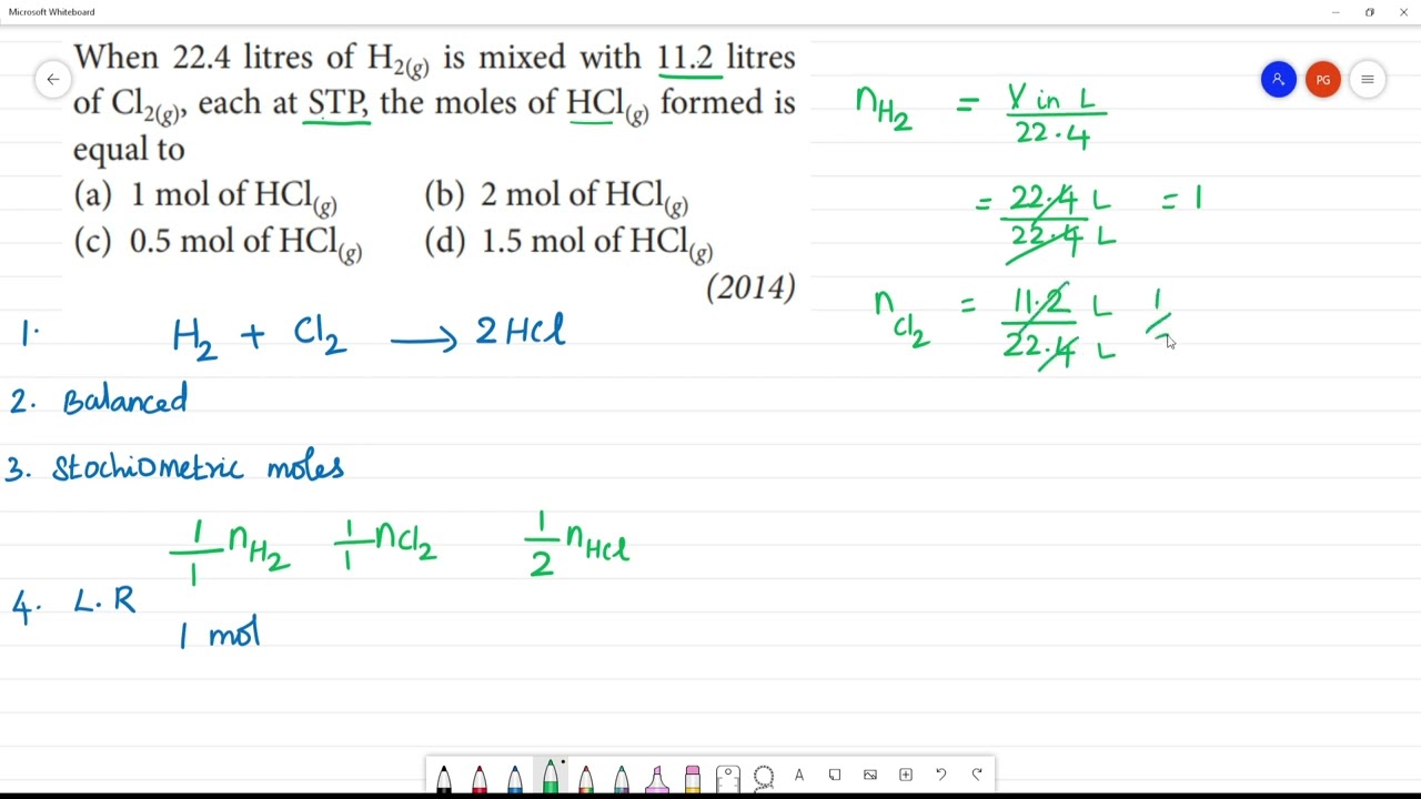 When 22.4 litres of H2(g) is mixed with 11.2 litresof Cl2(g), each at ...