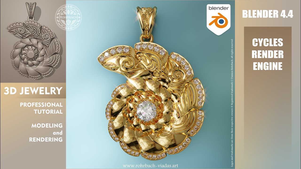 Gold Shell diamonds dispersion rendering and modeling tutorial 3D jewelry BLENDER CYCLES 4.4 ...
